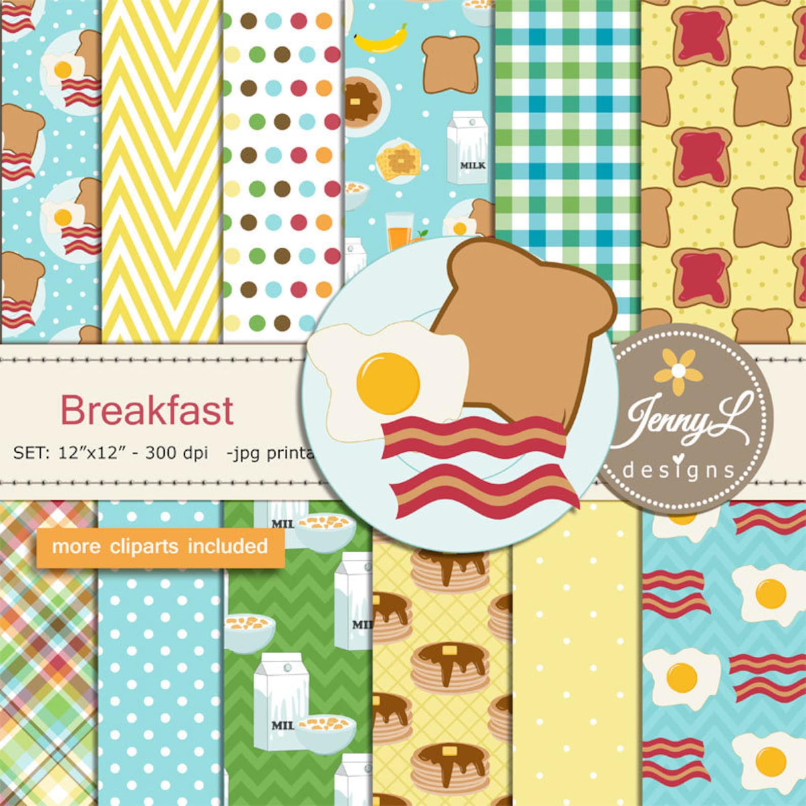 Breakfast Digital Papers and Clipart SET American Food - Etsy