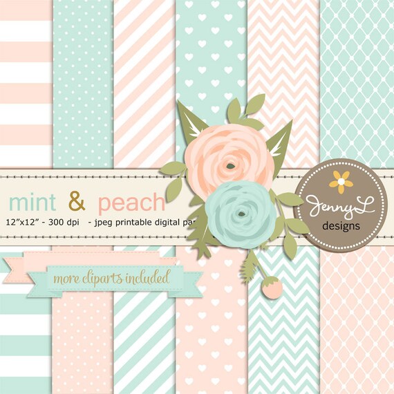 Mint and Peach Wedding Digital Paper, Mother's Day, Ranunculus Flowers ...