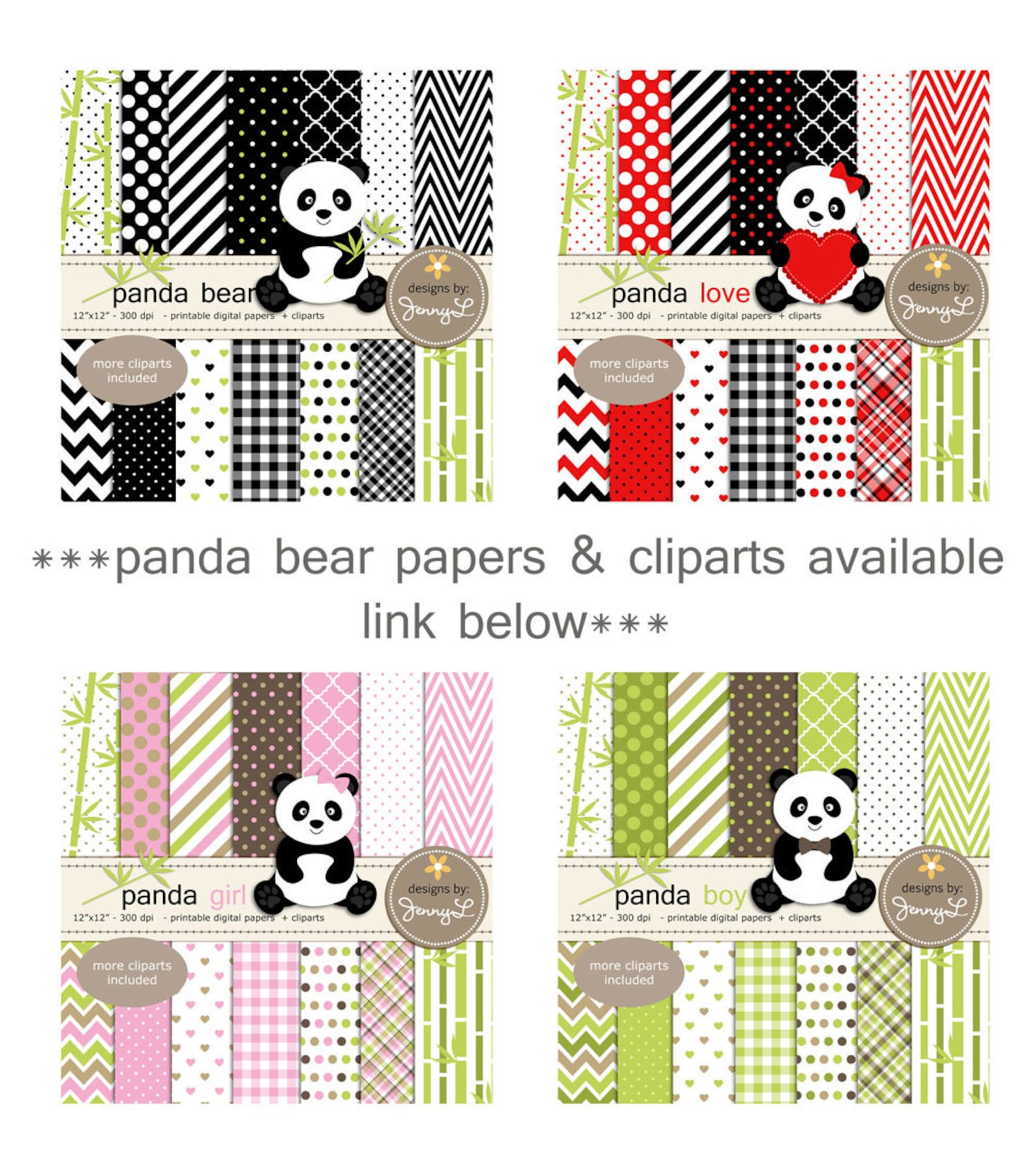 Panda Bear Digital Papers and Clipart Stitched Heart Bamboo | Etsy
