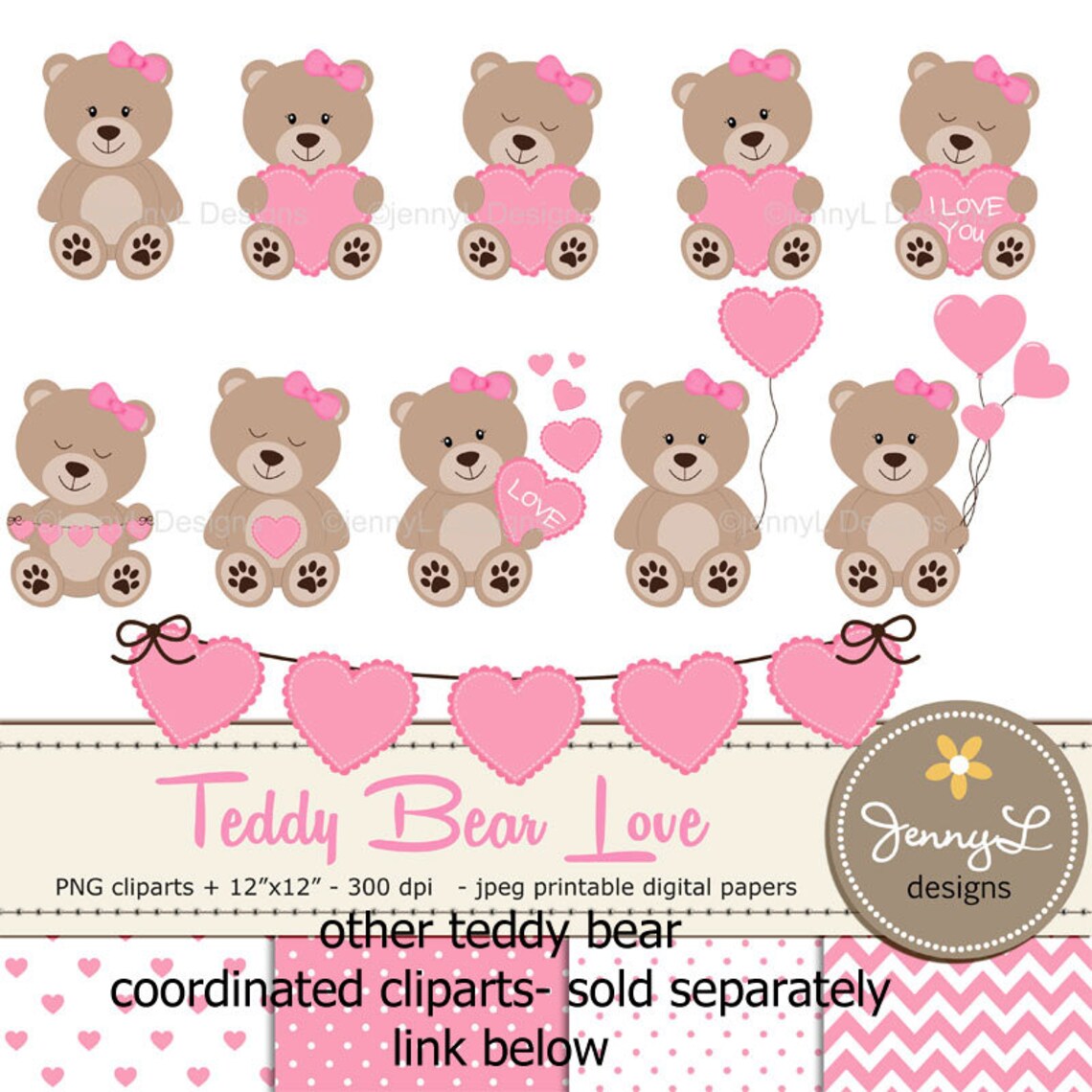 Teddy Bear Digital papers Bear clipart Valentine - Etsy Italia