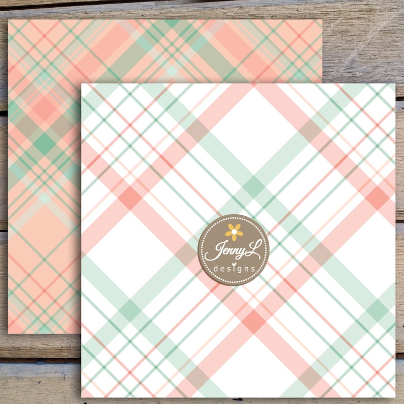 Mint Green and Coral Peach Plaids Digital Papers Stripes - Etsy