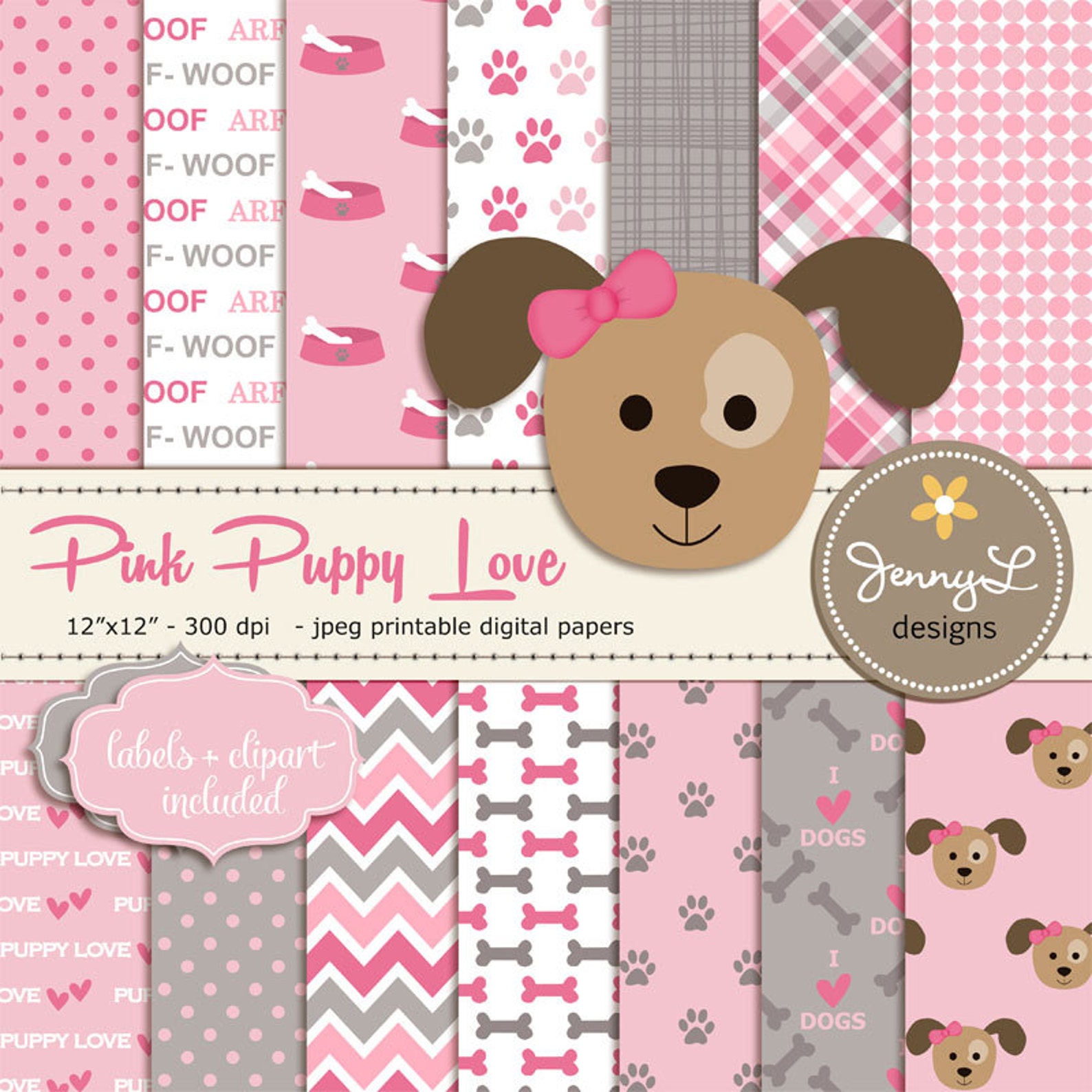 Pink and Gray Puppy Dog Girl Dog Digital Papers Pet Digital | Etsy