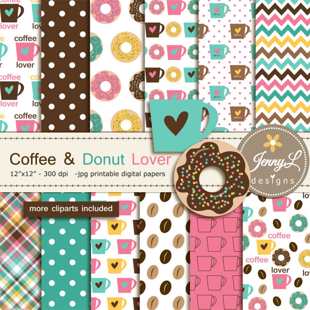 Coffee Donut Digital Papers Clipart, Coffee Mugs, Doughnuts for ...
