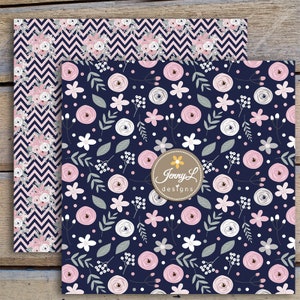 Navy Blue Floral Digital Paper, Pastel Pink Wedding Flower Paper ...