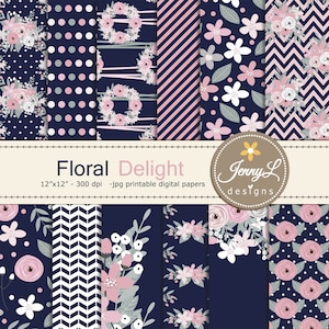 Navy Blue Floral Digital Paper, Pastel Pink Wedding Flower Paper ...