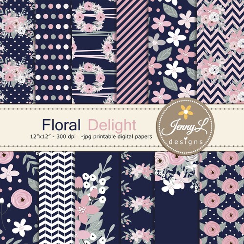 Navy Blue Floral Digital Paper Pastel Pink Wedding Flower - Etsy
