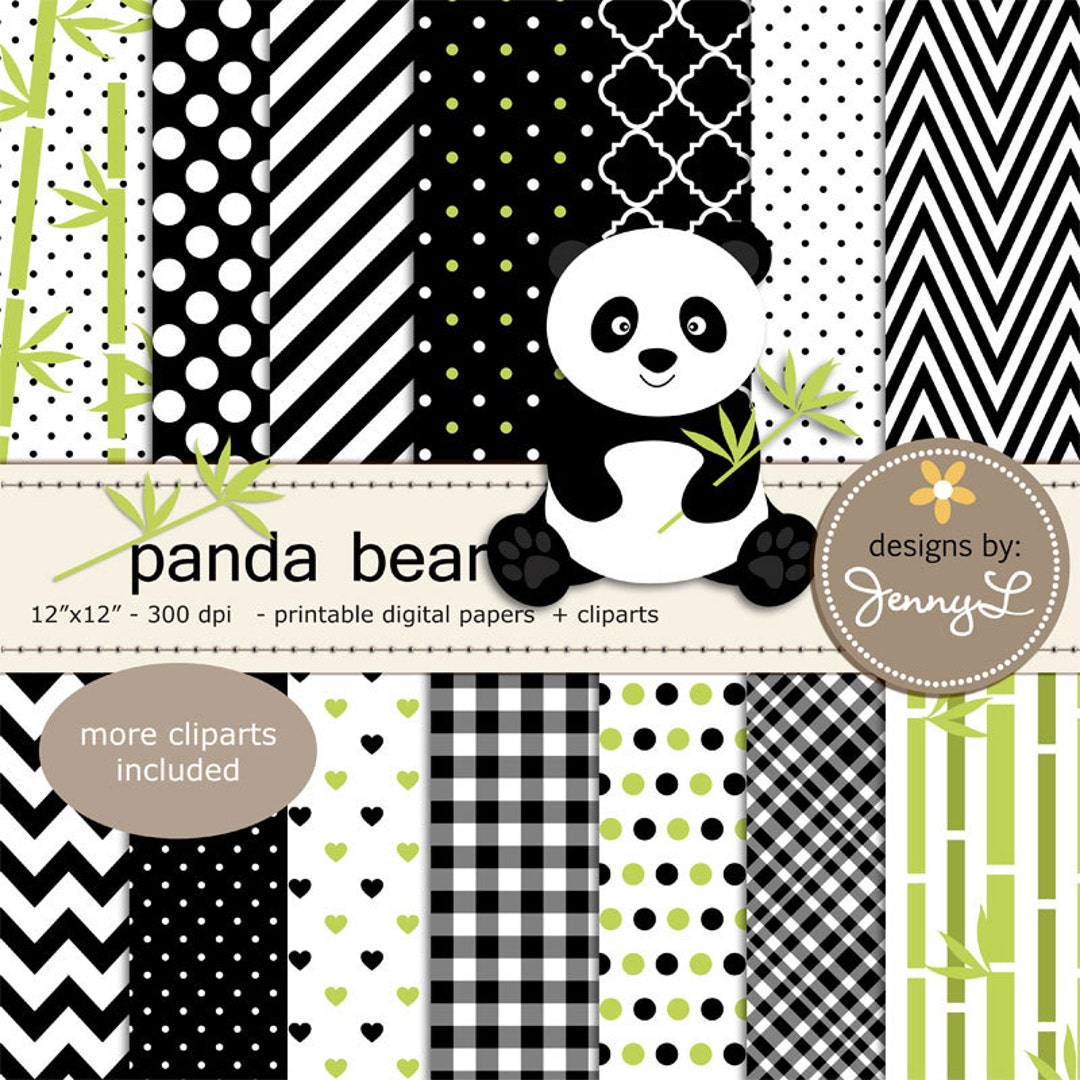 Panda Bear Digital Papers and Clipart, Stitched Heart Bamboo Digital ...