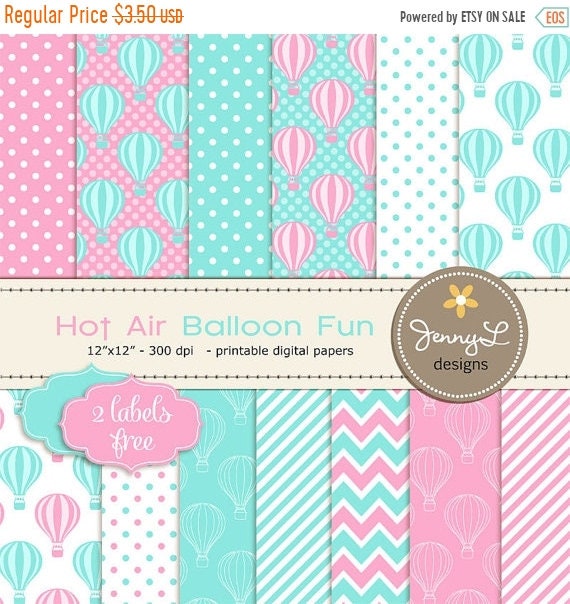 40% OFF Hot Air Balloon Digital Papers Pink and Blue