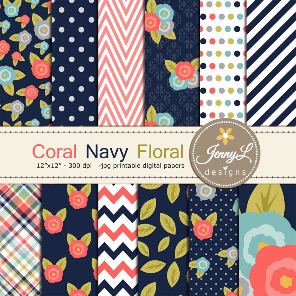 Coral Navy Floral Digital Paper Coral Flowers for Digital - Etsy