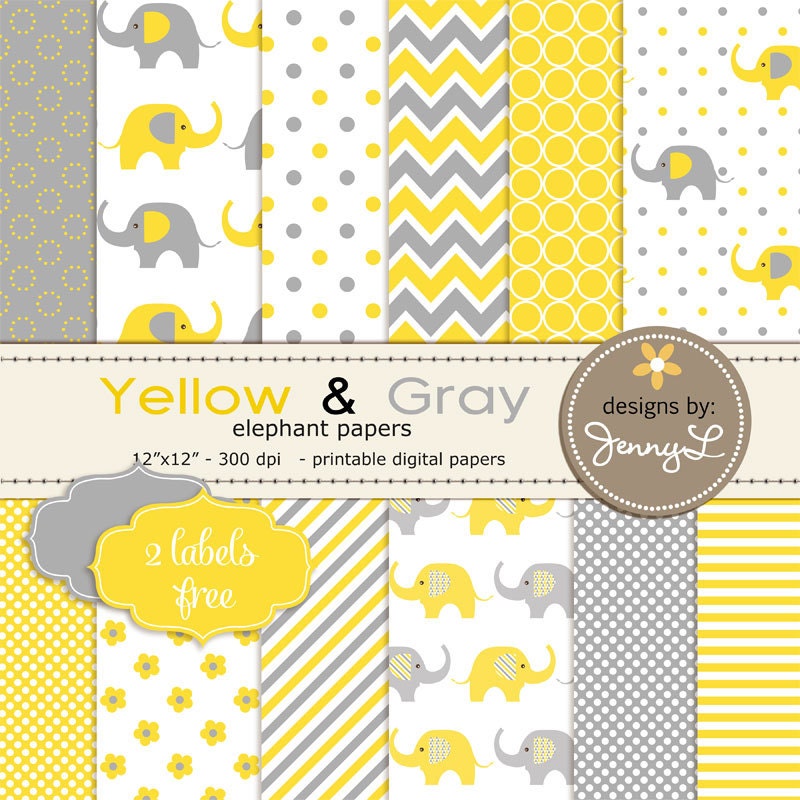 Yellow and Gray / Grey Elephants Digital Papers Baptismal | Etsy