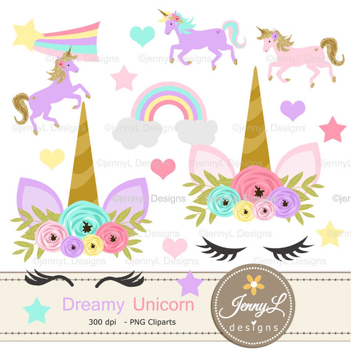 Unicorn Faces Digital Papers and Clipart SET, Pastel Unicorn Stars and ...