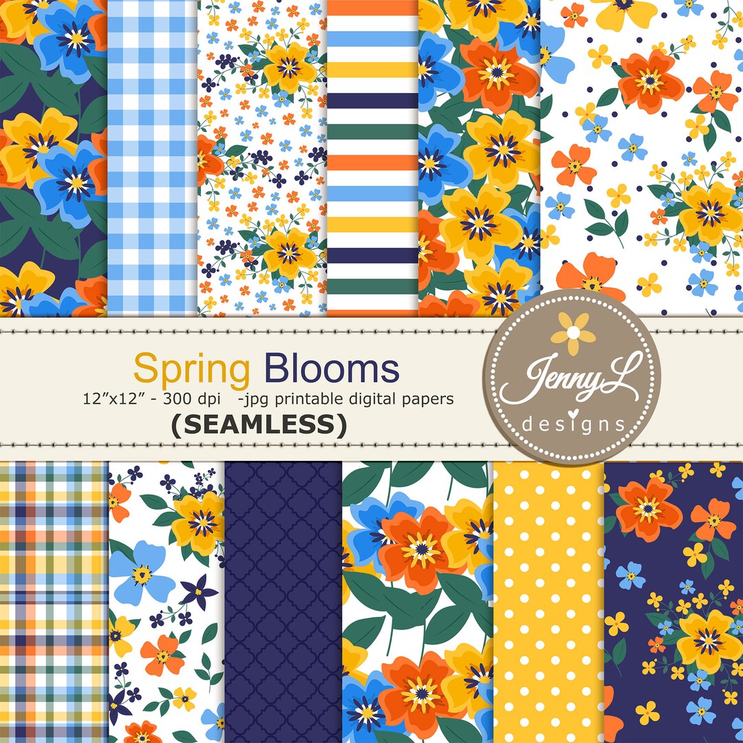 Spring SEAMLESS Printable Digital Papers, Repeat Pattern Floral Blooms ...