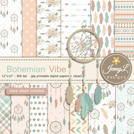 Bohemian tribal Digital Paper and Dream catcher, Feather Clipart for ...