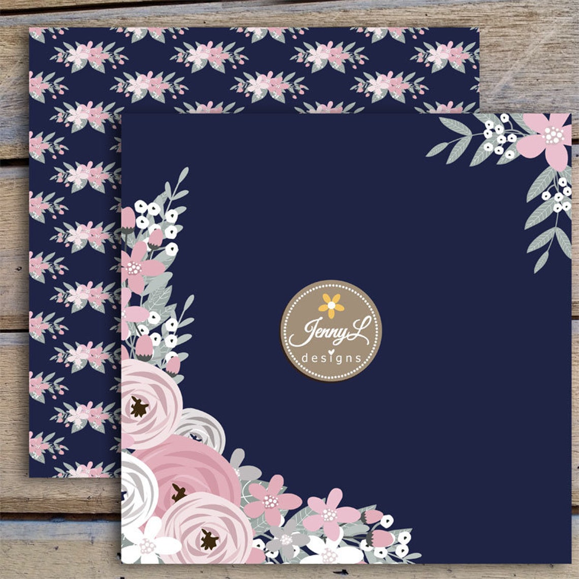 Navy Blue Floral Digital Paper Pastel Pink Wedding Flower | Etsy
