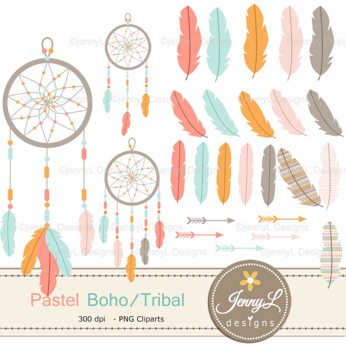 Pastel Boho Digital Papers and Feather Dream Catcher Clipart | Etsy
