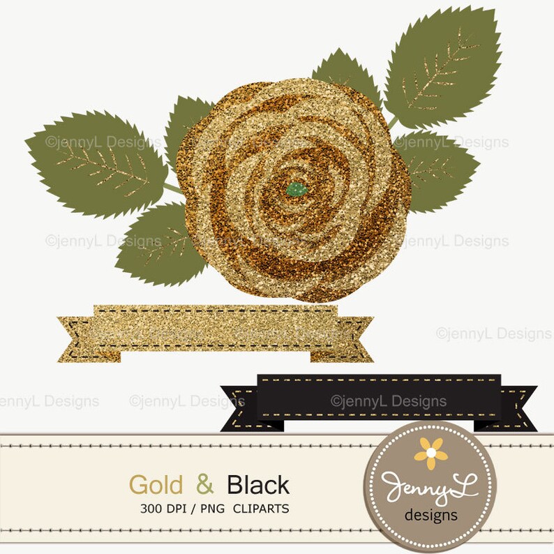 Gold and Black Digital Paper Glitter Rose Flower Clipart for - Etsy