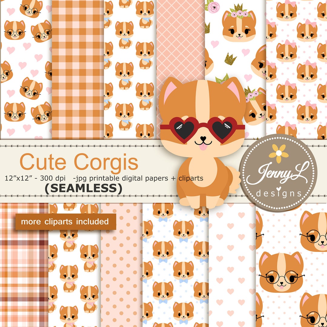 Corgi Dog SEAMLESS Digital Papers and Clipart SET, Puppy, Doggie Animal ...