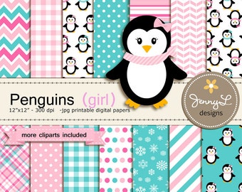 Penguin Digital Paper and Clipart Winter Snow Penguins for | Etsy