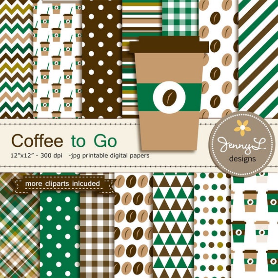 Coffee Digital papers and Coffee bean Clipart, Coffee Cup on the Go for ...