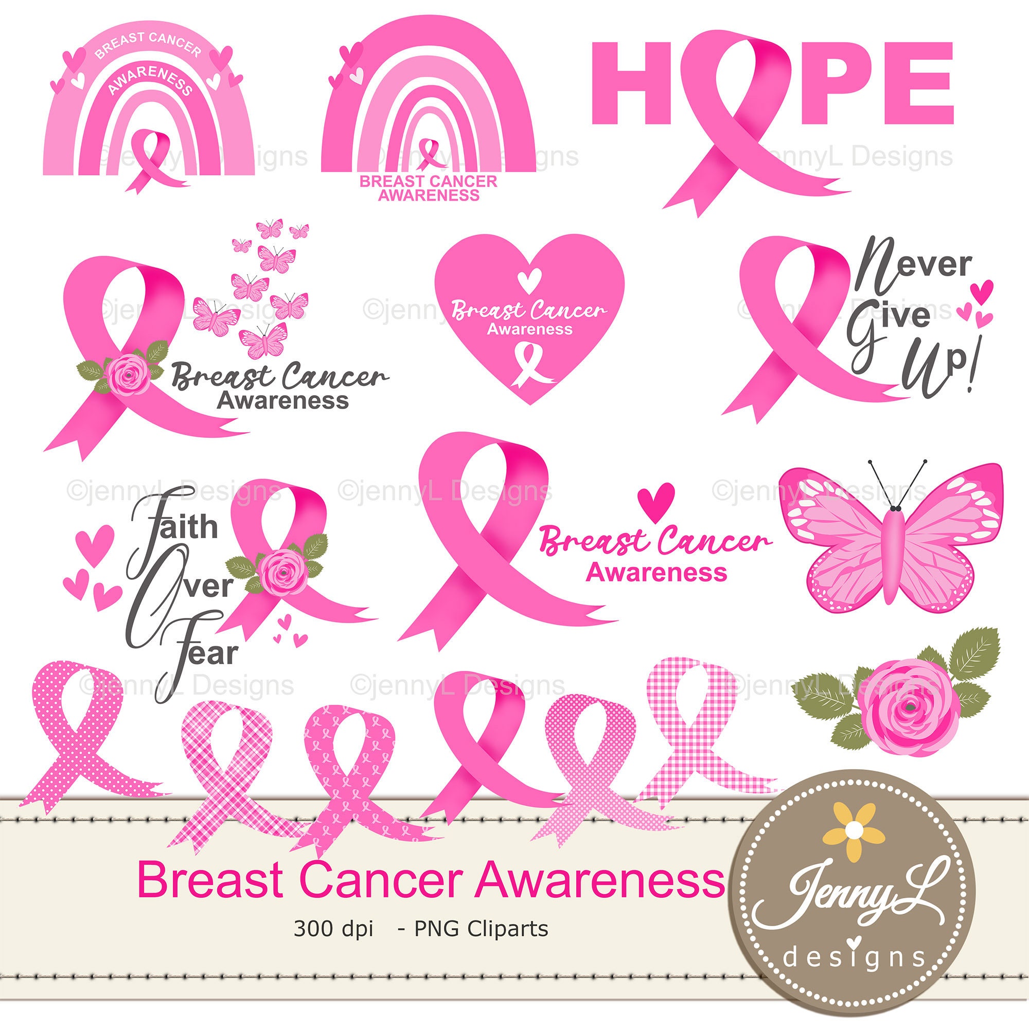 Breast Cancer Awareness Digital Papers, Pink Ribbon Clipart for Digital ...