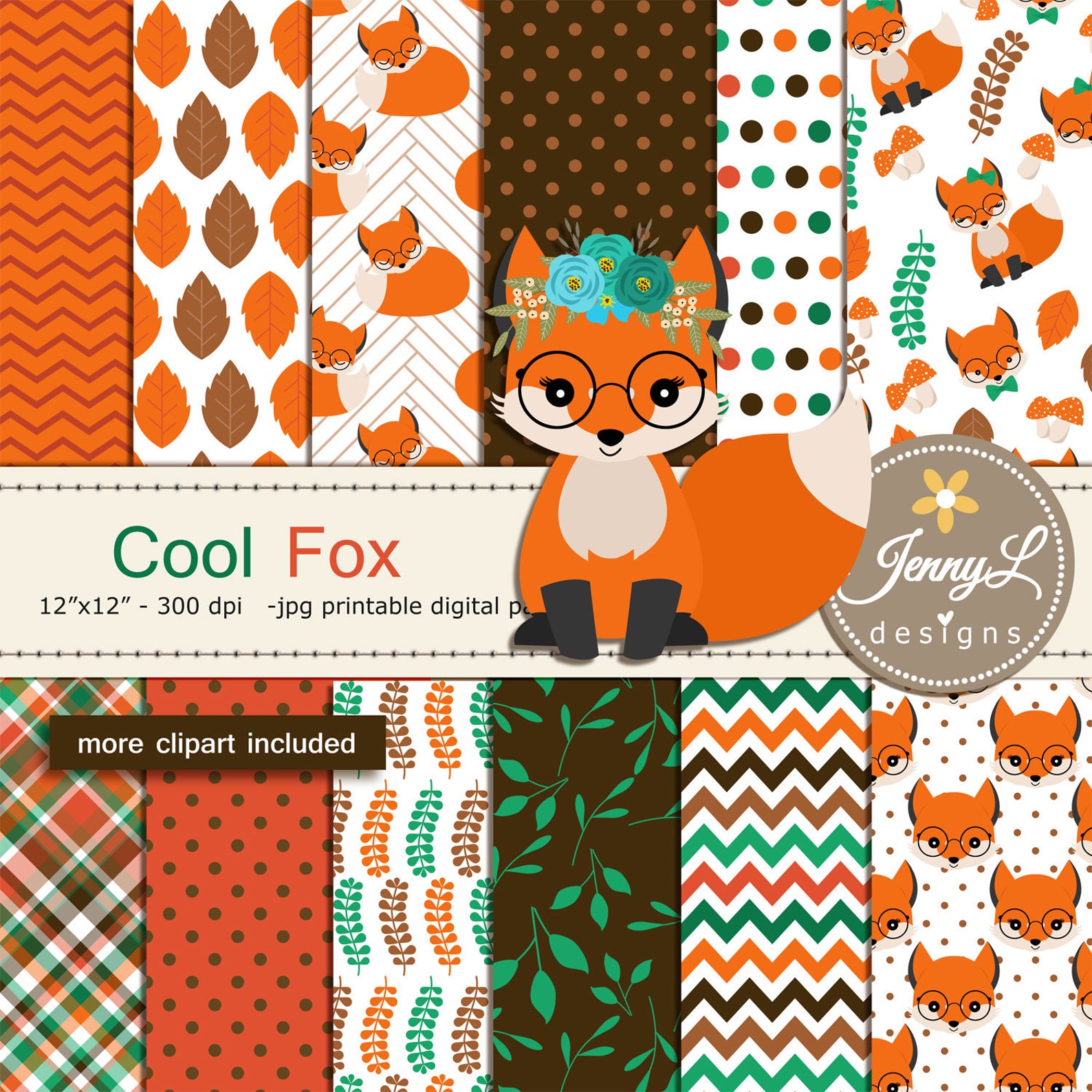Fox Digital Paper and Clipart Fall Woodland Animal Fox With - Etsy
