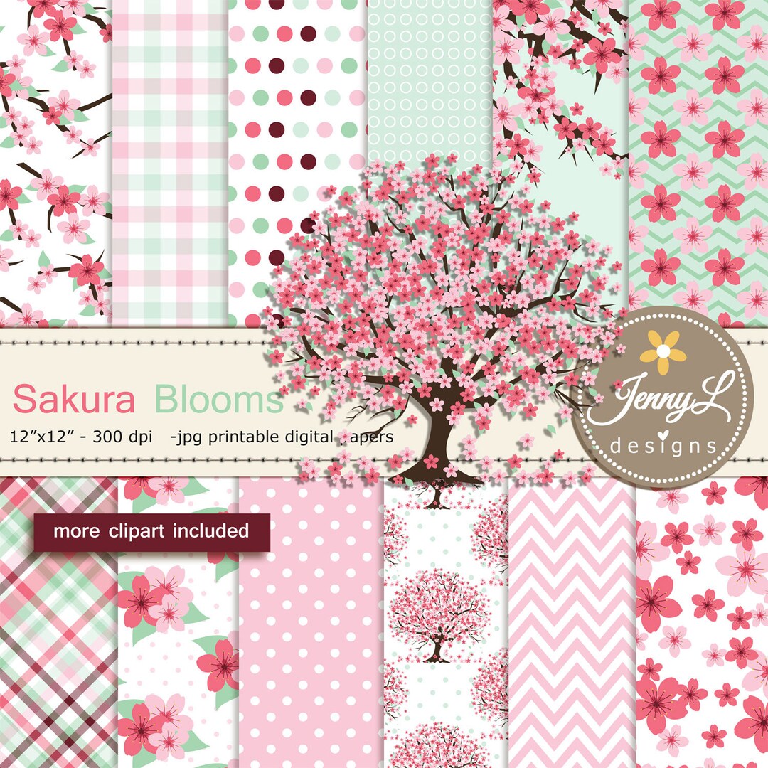 Cherry Blossoms Digital Paper and Clipart, Spring Korea Japanese Sakura ...