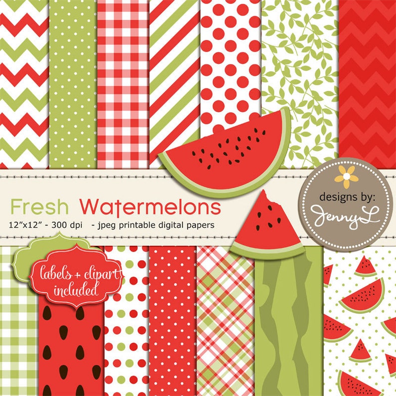 Watermelons Digital Papers and Clipart Summer Picnic Fruit - Etsy