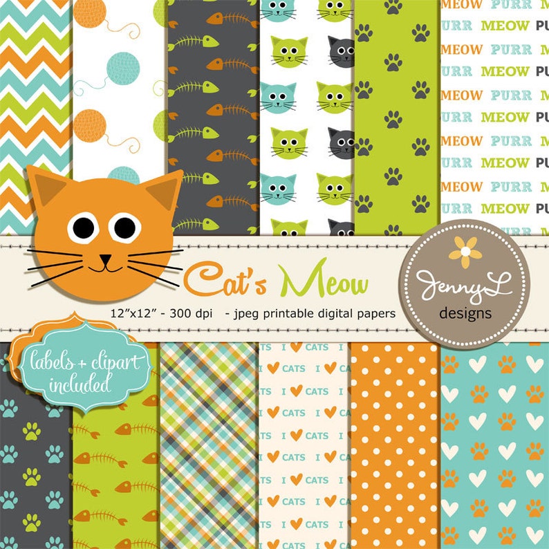 Cat Digital Papers, Pet Digital Paper, Cat Head Clipart, Kitten,yarn ...