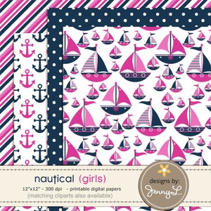 Nautical Sailing Digital Papers Boat Anchor Girl Nautical | Etsy