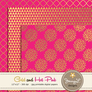 Gold and Hot Pink Digital Papers, Fuchsia and Gold Digital Papers, Hot ...