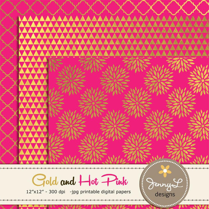 Gold and Hot Pink Digital Papers Fuchsia and Gold Digital | Etsy