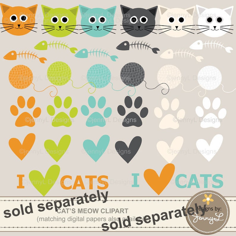 Cat Digital Papers, Pet Digital Paper, Cat Head Clipart, Kitten,yarn ...