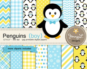 Penguin Digital Paper and Clipart Winter Snow Penguins for - Etsy