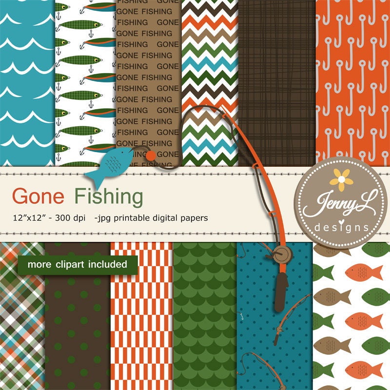 Fishing Digital Papers and Clipart SET Fishing Lure Rod - Etsy