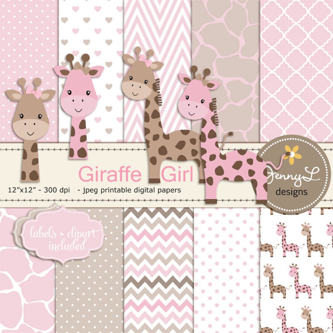 Giraffe Girl Baby Shower Digital Papers and Clipart, Girl Baptism ...