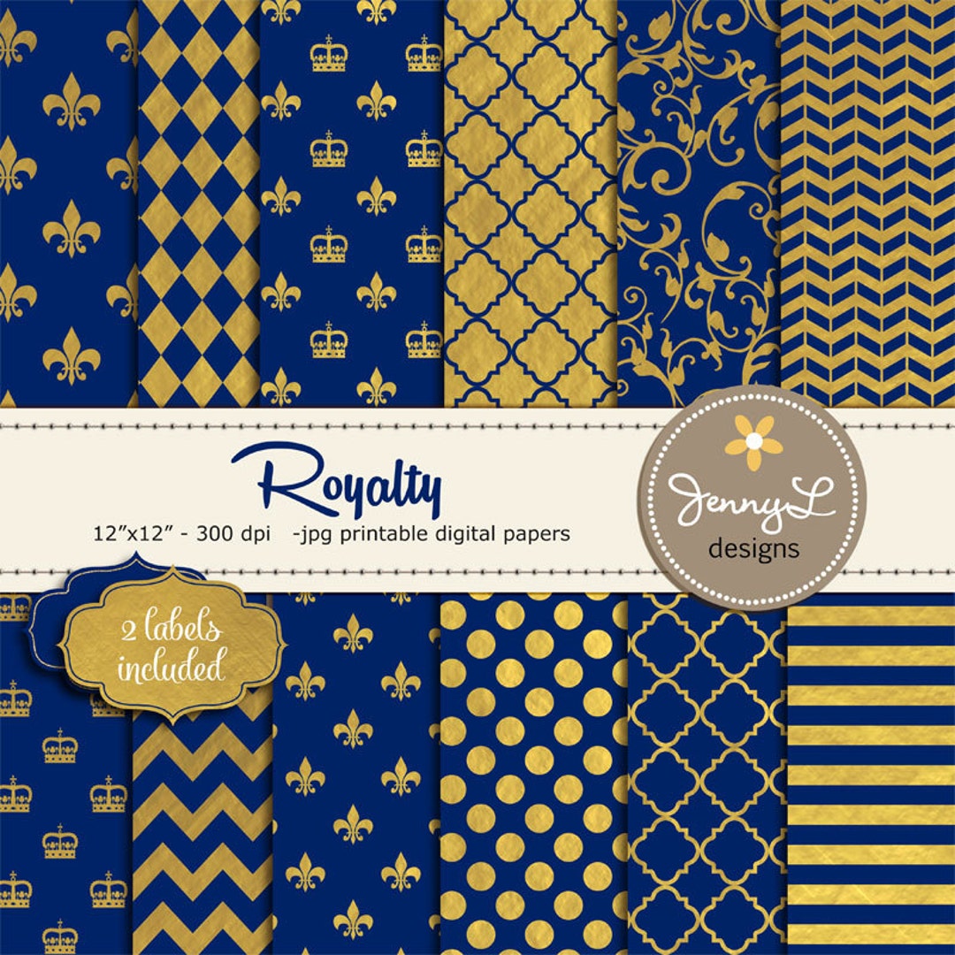 Gold and Royal Blue Digital Papers, Royalty Papers, Gold Foil Digital ...