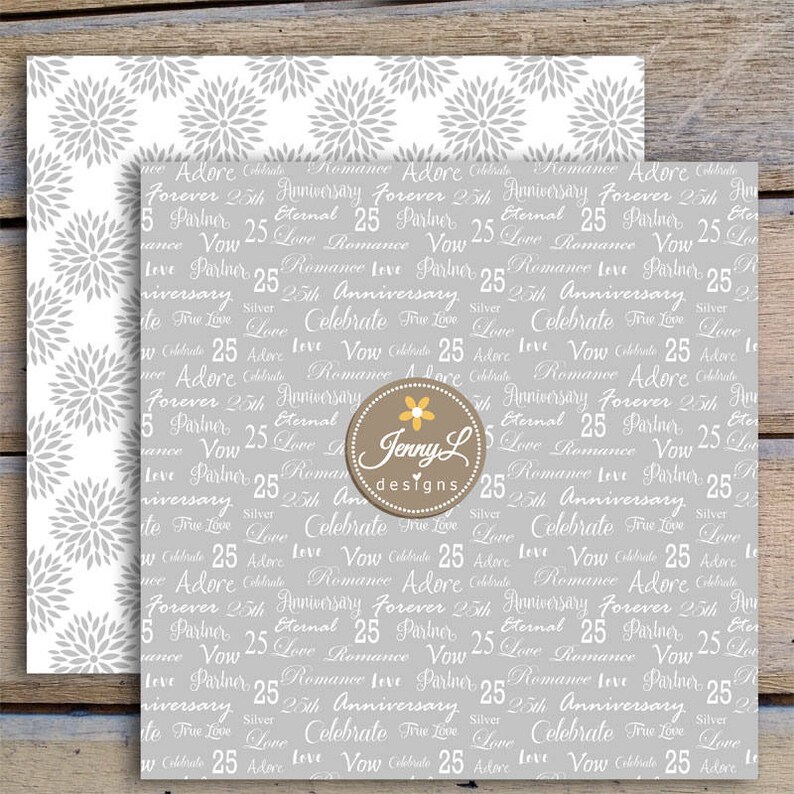 25th Anniversary Wedding Digital Papers Romance Gray Silver | Etsy