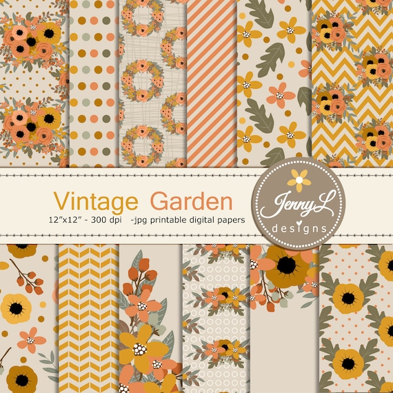 Vintage Floral digital paper, Antique Yellow Gold Wedding Fall Flower ...