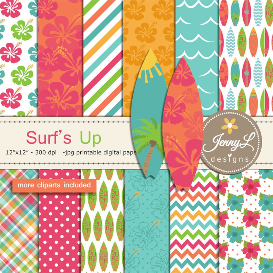 Surfing Digital Papers and Clipart SET, Surfing Board, Hibiscus, Tree ...