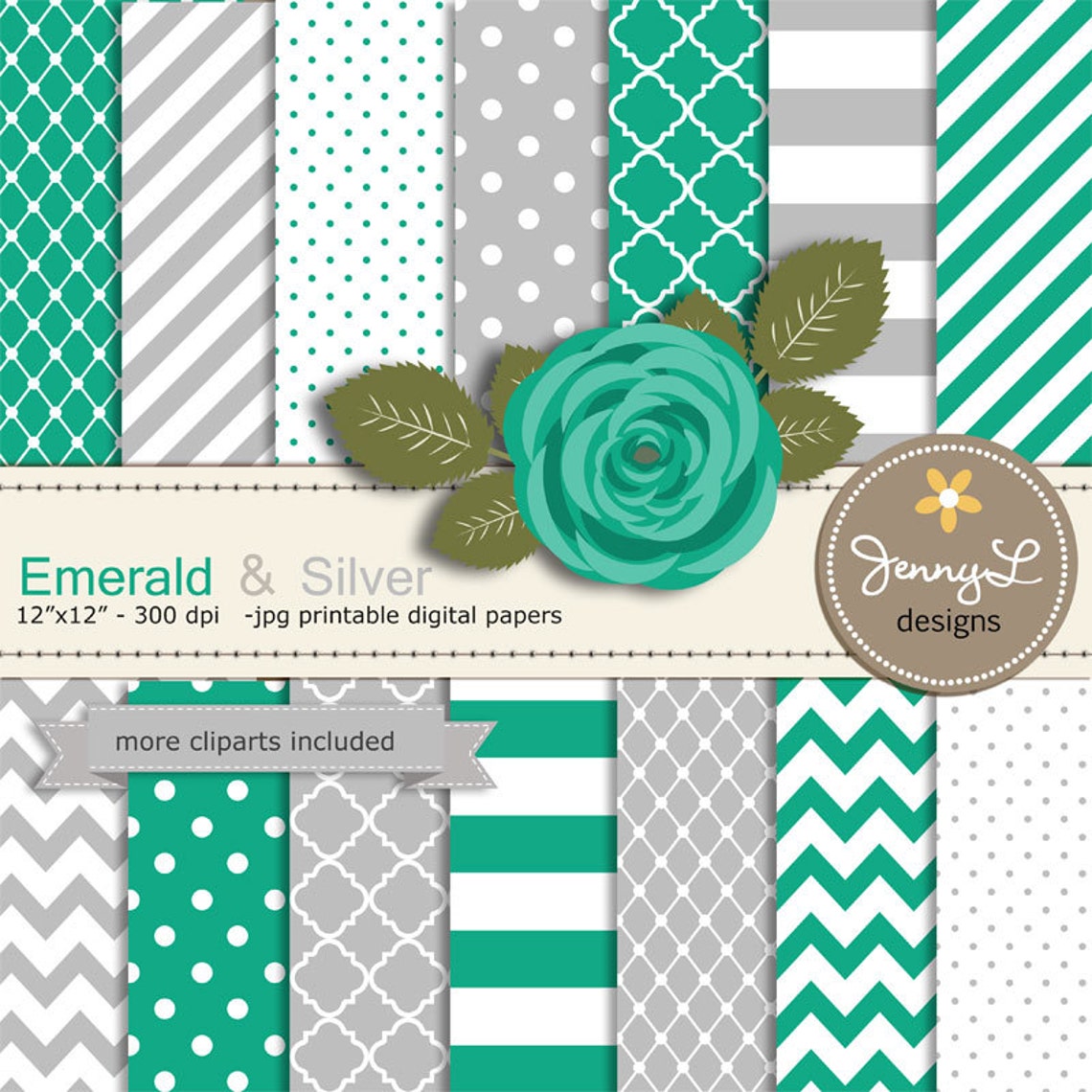 Emerald Green and Silver Digital Paper Gray Green Rose Flower - Etsy