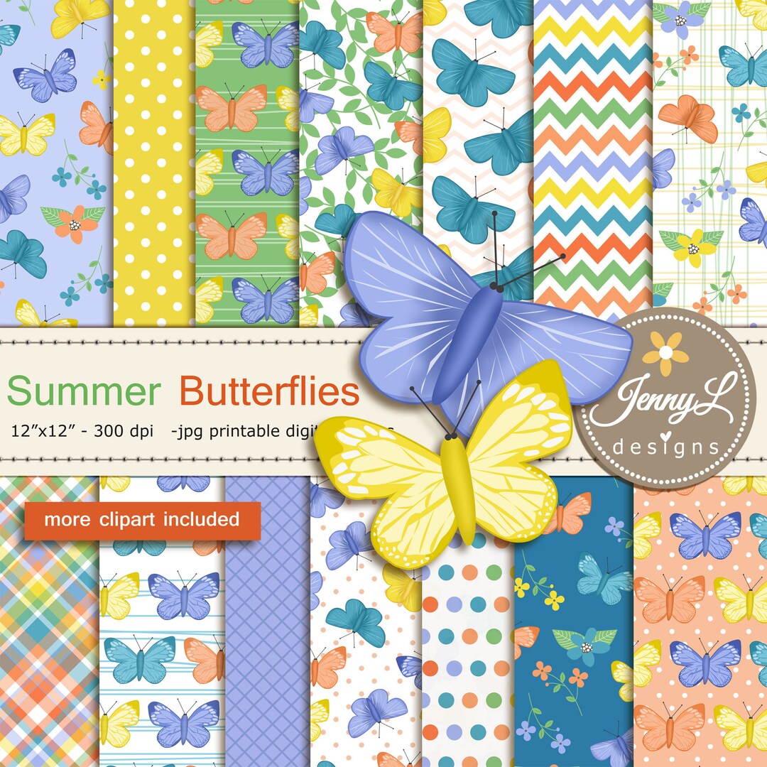 Summer Butterflies Digital Papers and Flowers Floral Clipart SET for ...