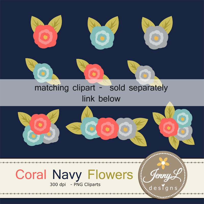 Coral Navy Floral Digital Paper, Coral Flowers for Digital Scrapbooking ...