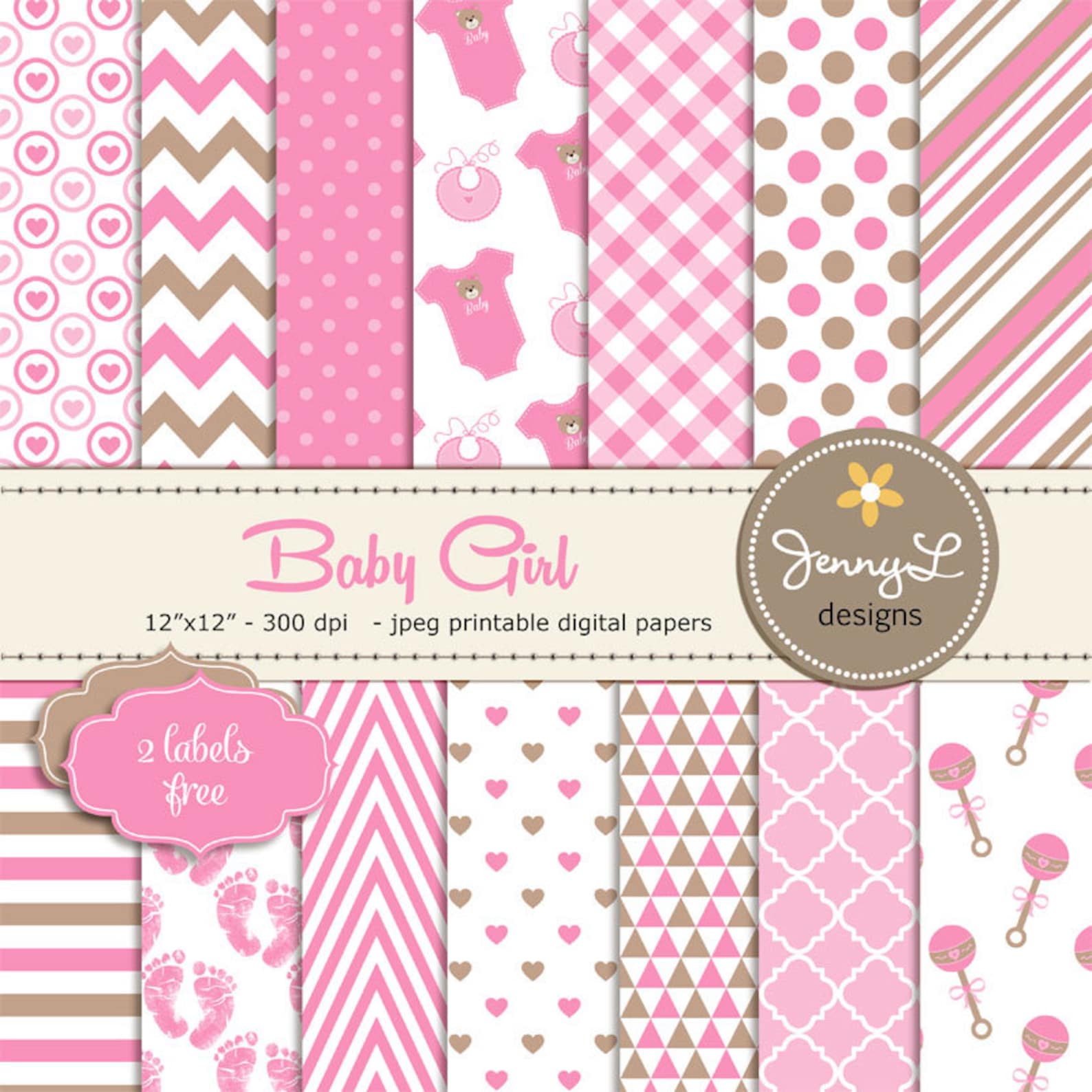 Baby Shower Digital Papers Baby Girl Baptism Birth - Etsy