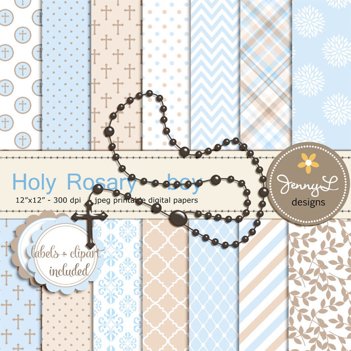 Rosary Boy Baptism Digital Papers and Clipart, First Communion ...