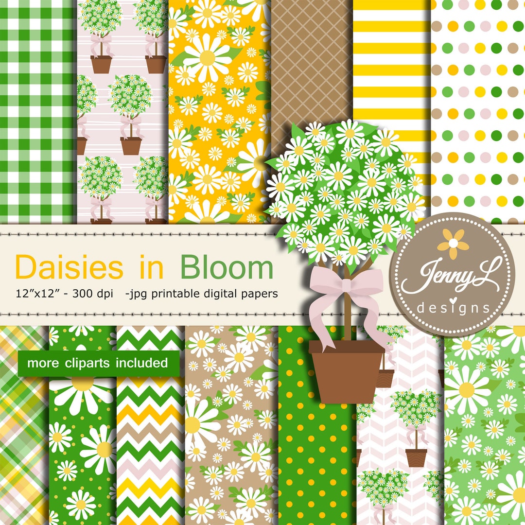 Daisy Flower Digital Papers and Clipart SET for Wedding, Bridal Baby ...