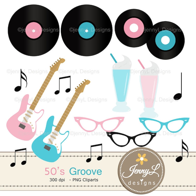 50's Retro Diner, Rock and Roll Digital Papers, LP Records, Guitar ...