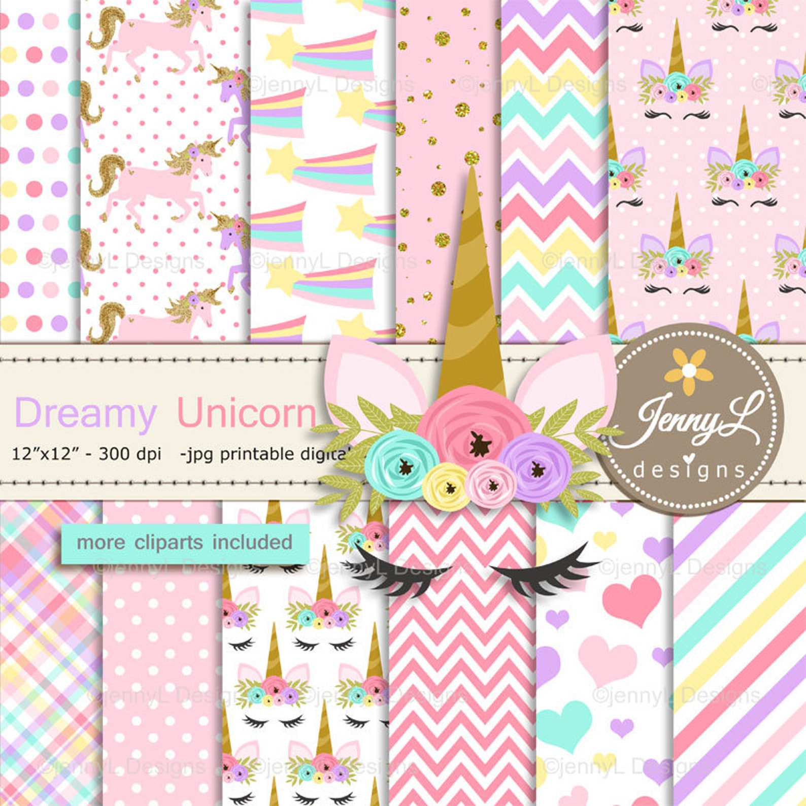 Unicorn Faces Digital Papers and Clipart SET Pastel Unicorn - Etsy