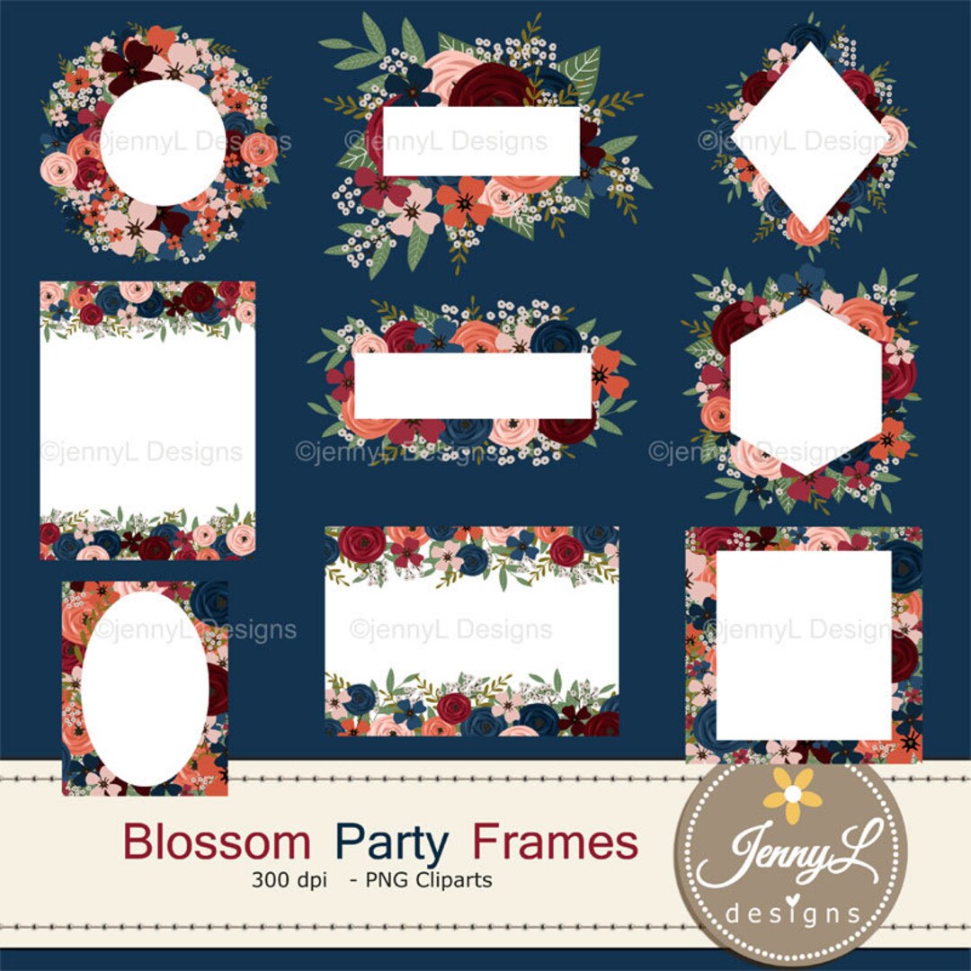 Navy Blue Floral Frame Clipart, Burgundy Peach Flower Borders, Wedding ...