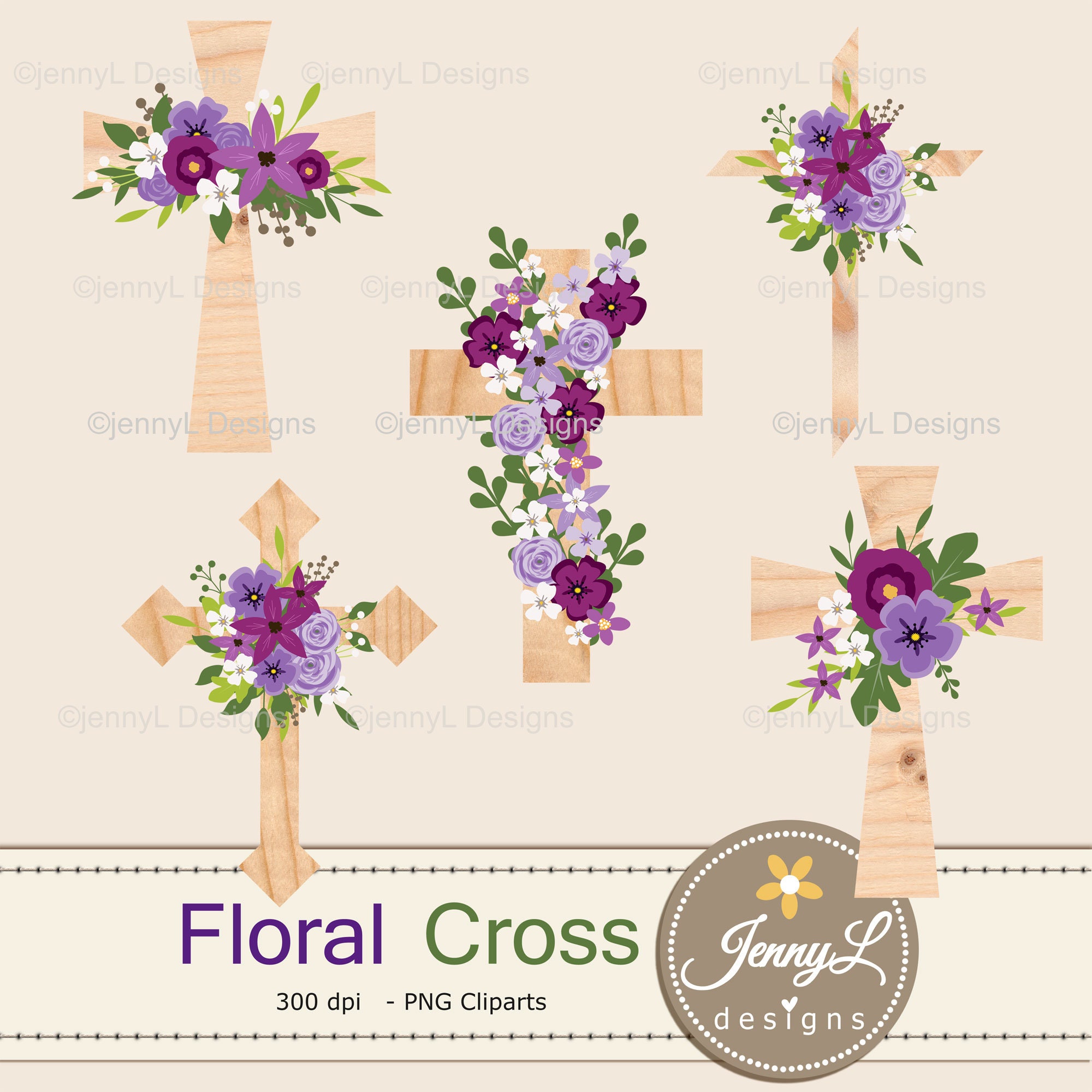 Floral Cross Digital Papers and Wooden Cross Clipart SET for | Etsy