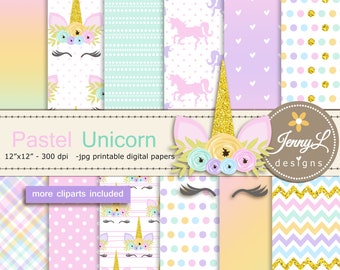 Unicorn Faces Digital Papers and Clipart SET Pastel Unicorn | Etsy